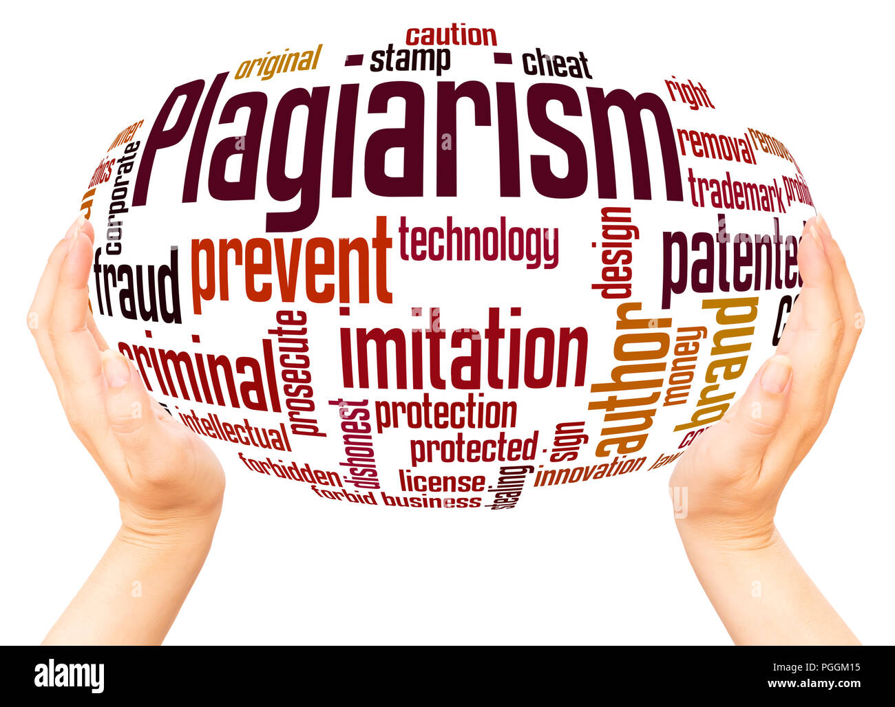 Plagiarism word cloud hand sphere concept on white background Stock ...