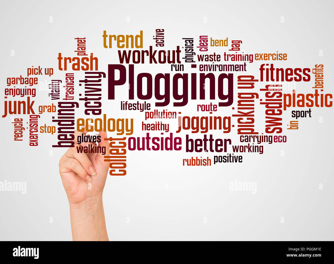 Plogging word cloud and hand with marker concept on gradient background ...