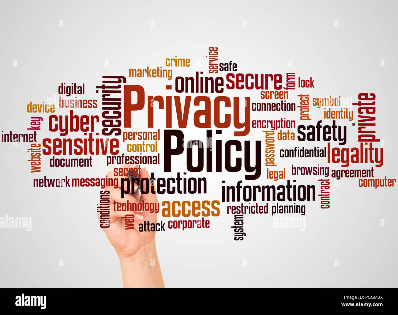 Privacy policy word cloud and hand with marker concept on gradient ...