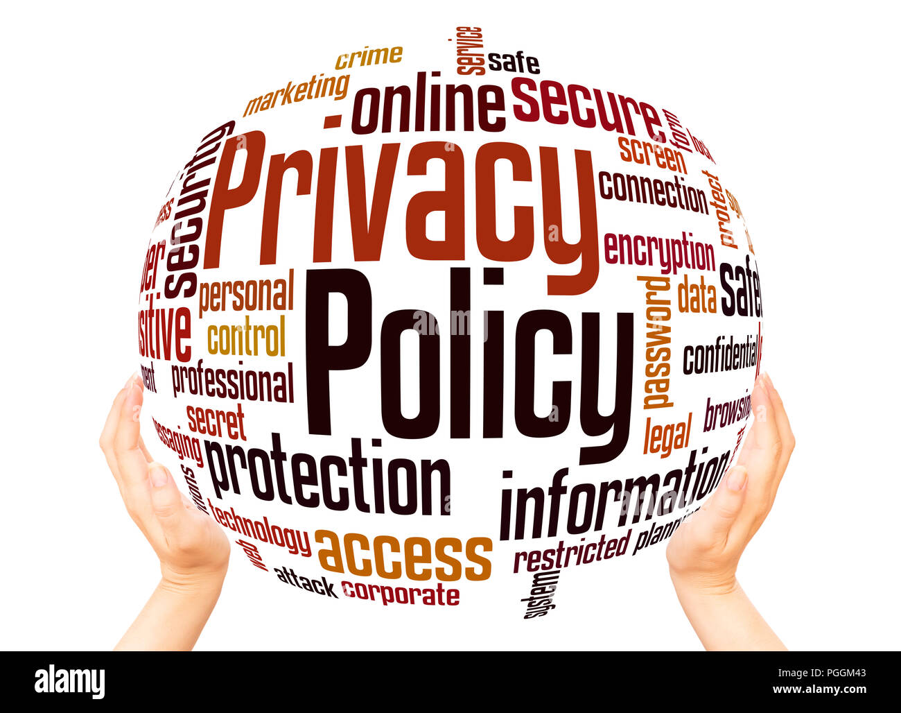 Privacy policy word cloud sphere concept on white background Stock ...