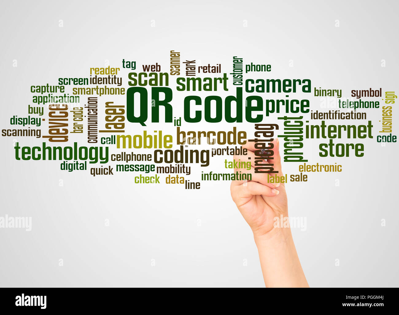 QR code word cloud and hand with marker concept on white background ...