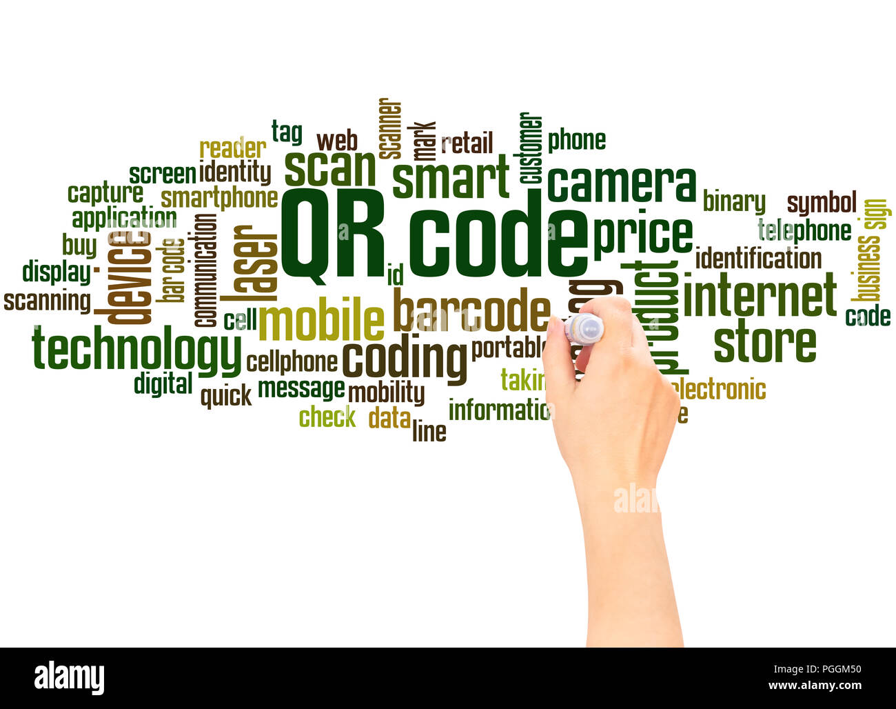 QR code word cloud hand writing concept on white background Stock Photo ...