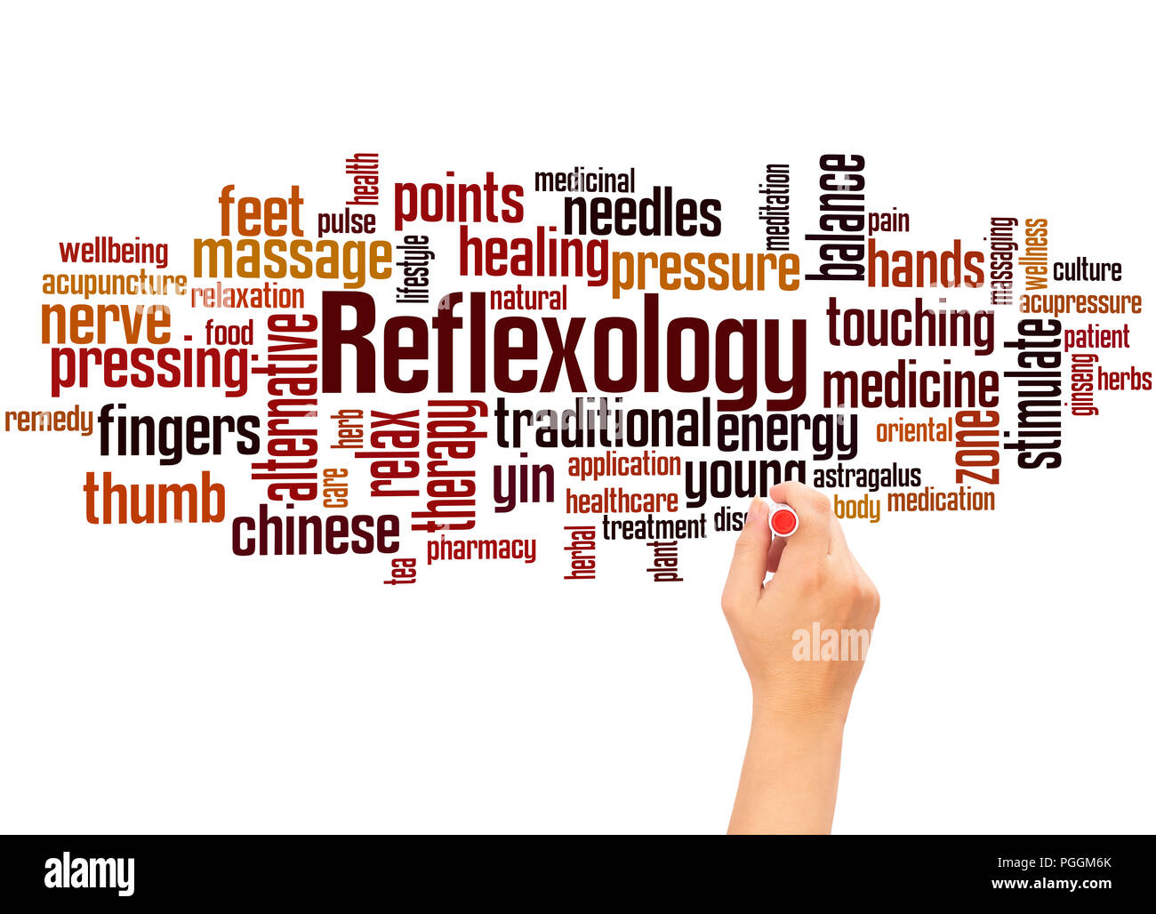Reflexology word cloud and hand writing concept on white background ...