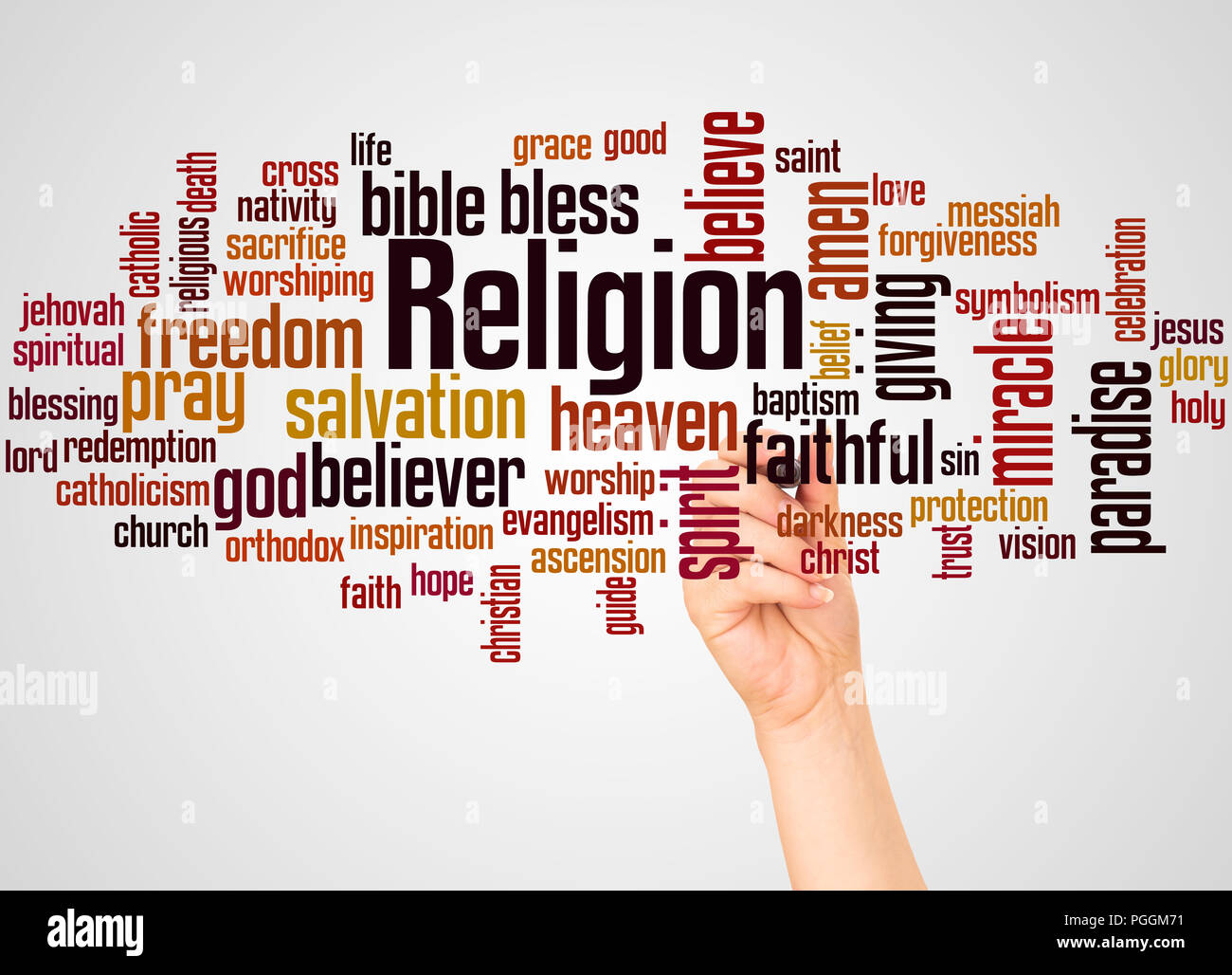Religion word cloud concept on and hand with marker gradient background ...