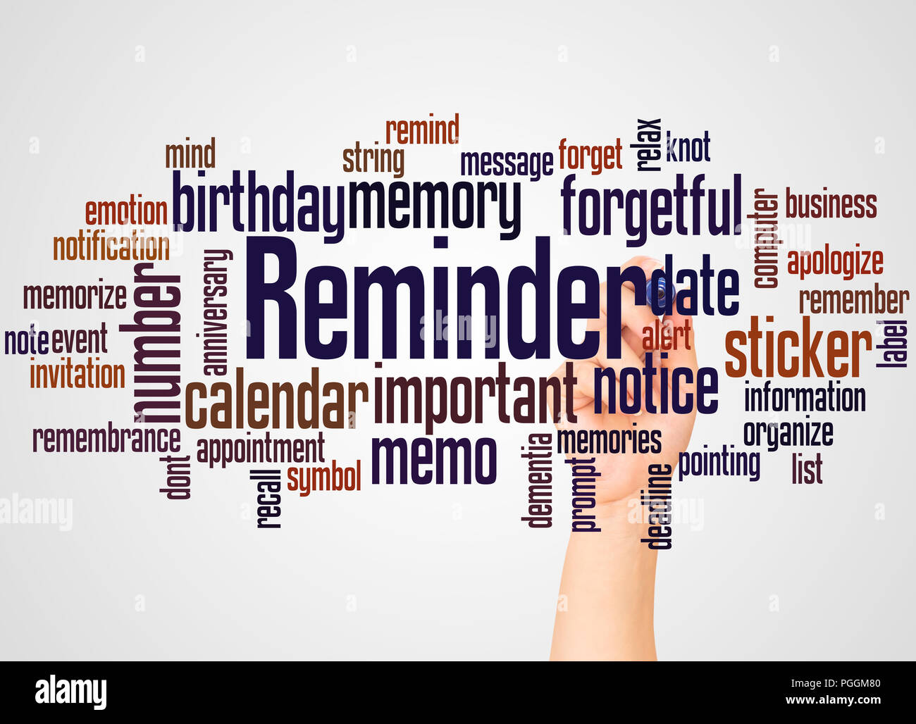 Reminder word cloud and hand with marker concept on gradient background ...