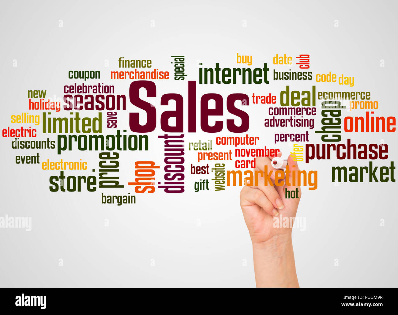 Sales word cloud and hand with marker concept on gradient background ...