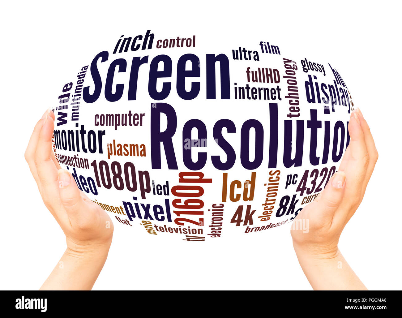 Screen resolution word cloud hand sphere concept on white background ...