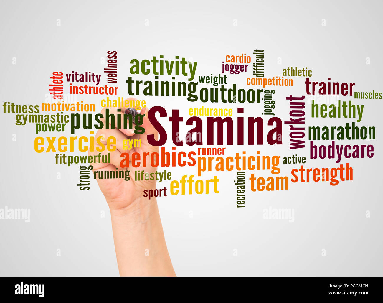 Stamina is staying power or enduring strength, word cloud and hand with ...