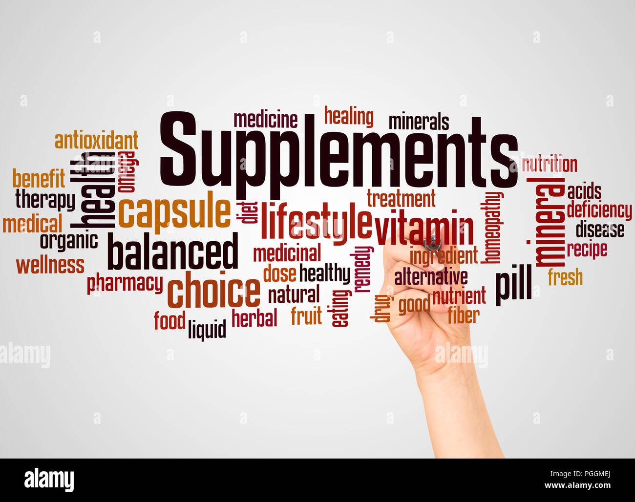 Supplements word cloud and hand with marker concept on white background ...