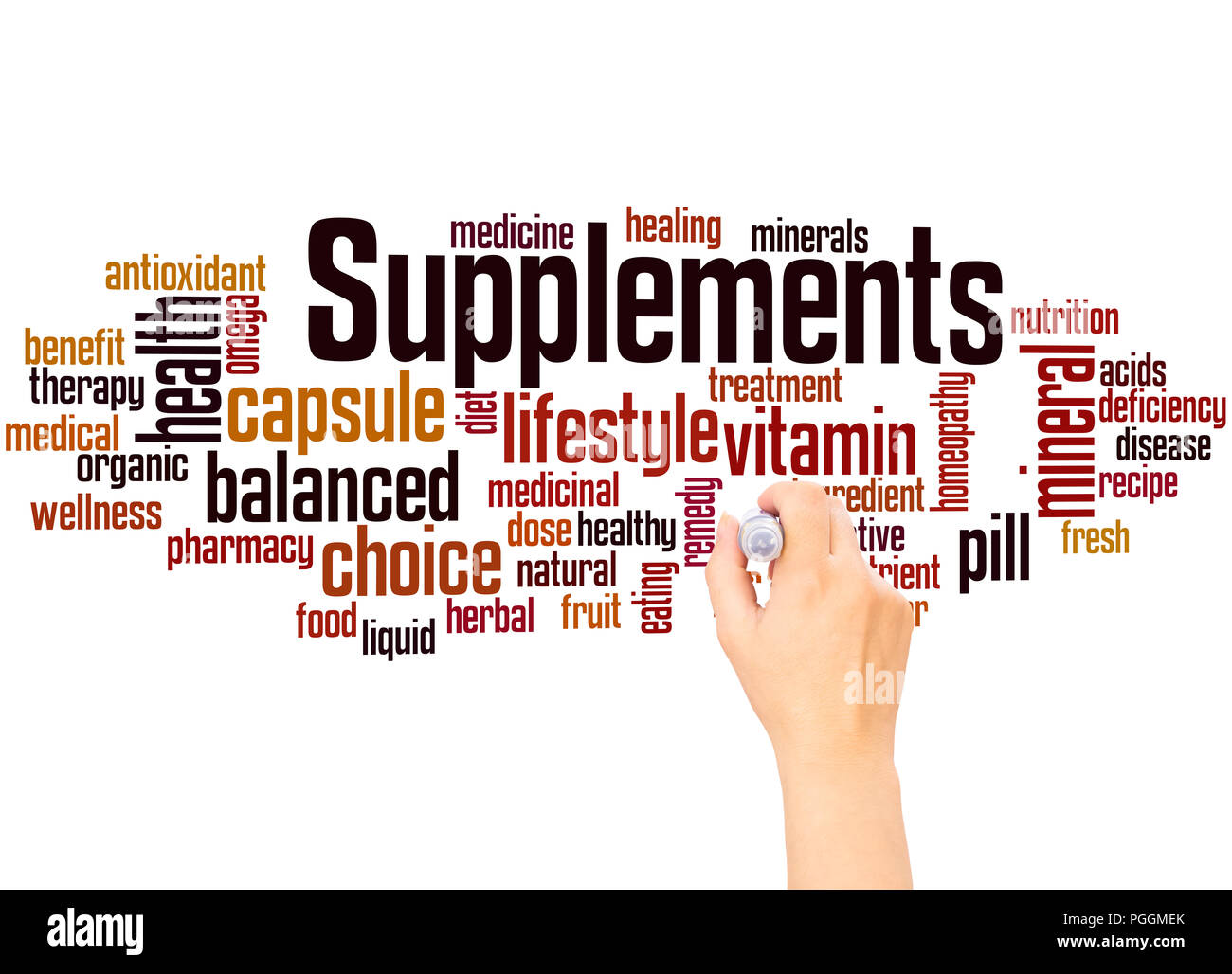 Supplements word cloud and hand writing concept on white background ...