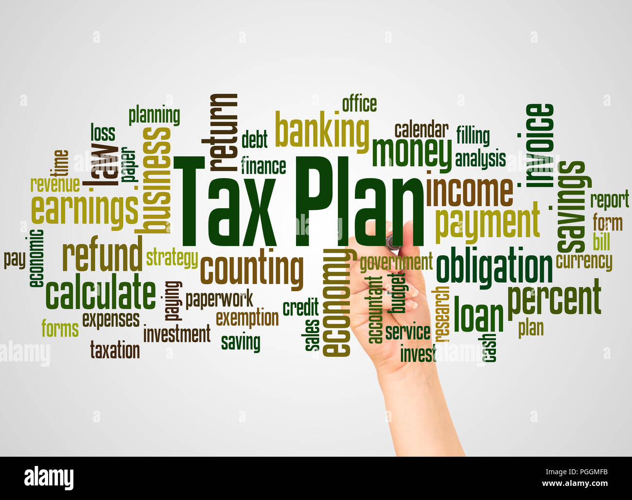 Tax Plan word cloud and hand with marker concept on gradient background ...