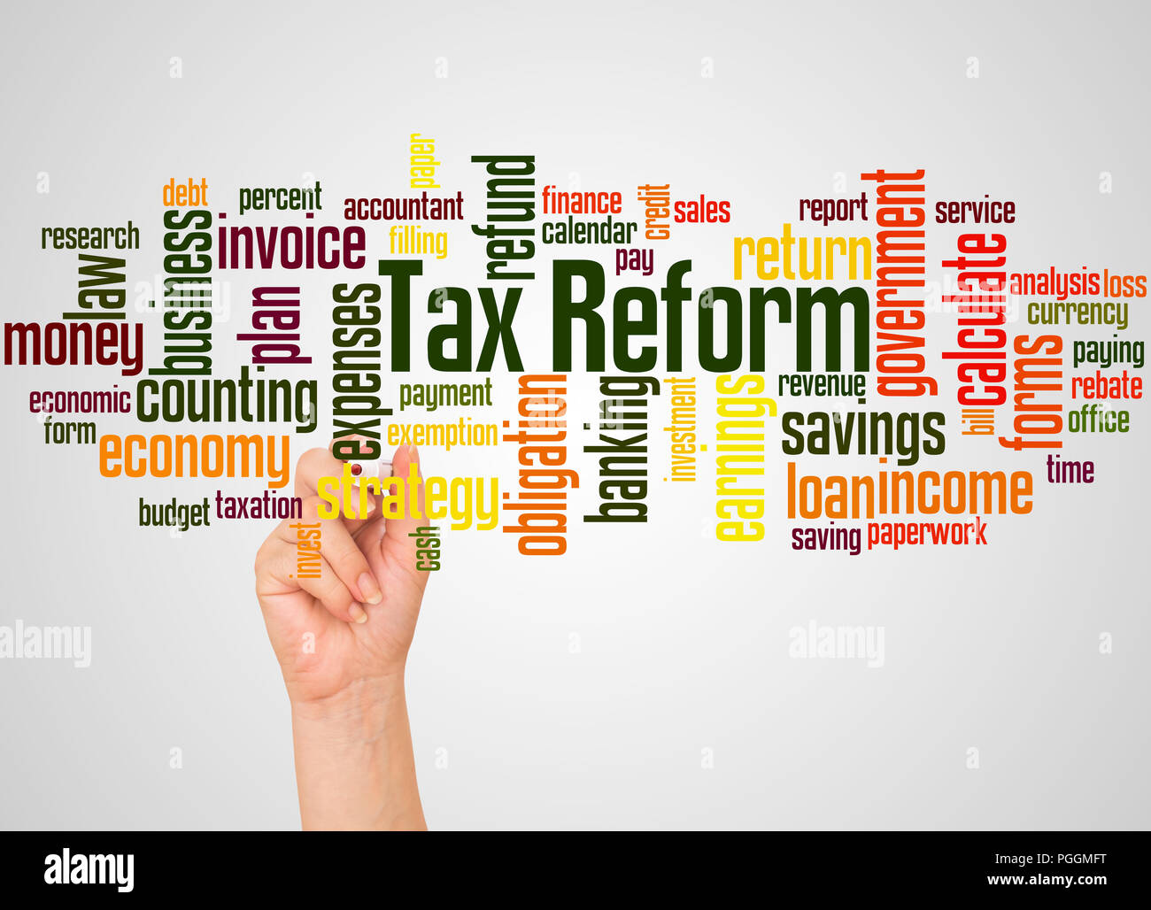 Tax reform word cloud and hand with marker concept on gradient ...
