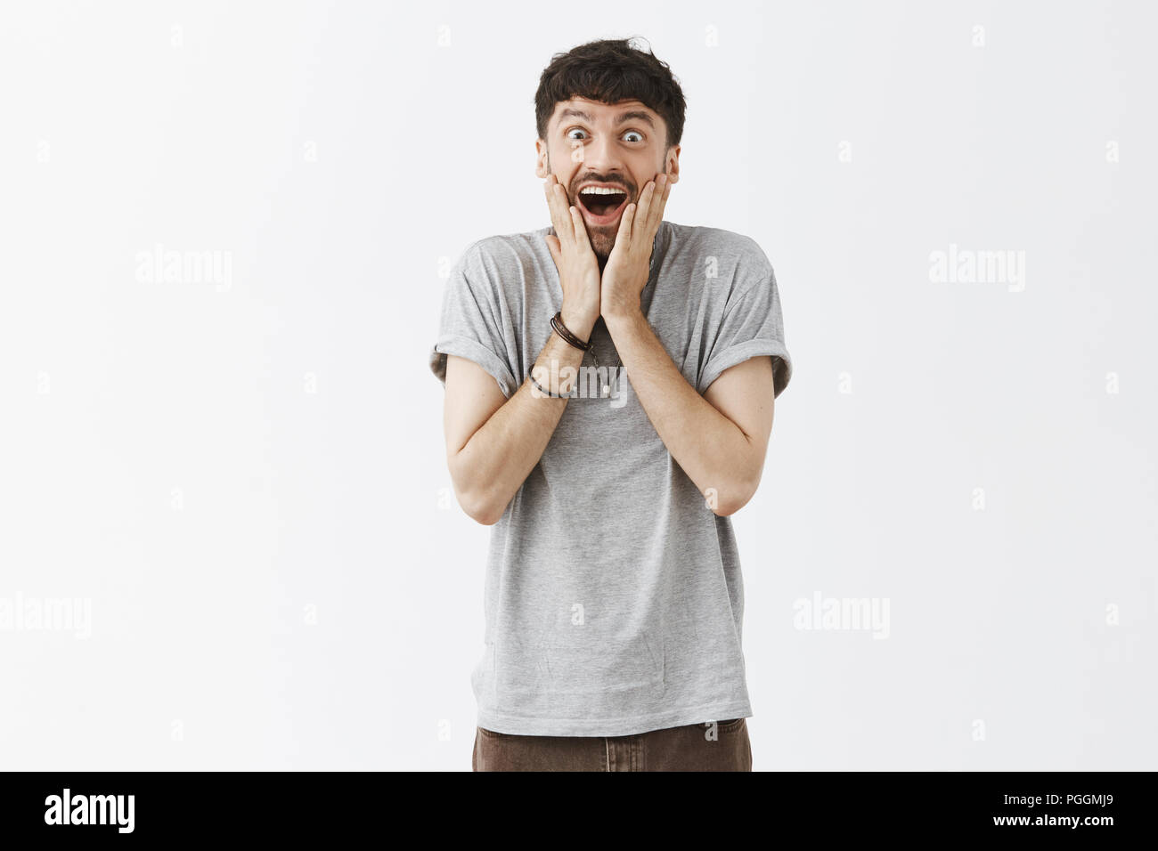 Cannot hide amazement inside, sharing great feelings. Portrait of good ...