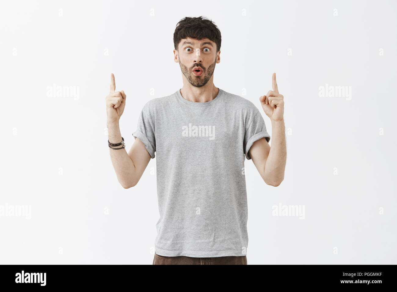 Guy easy to impress. Portrait of emotive enthusiastic caucasian dark ...