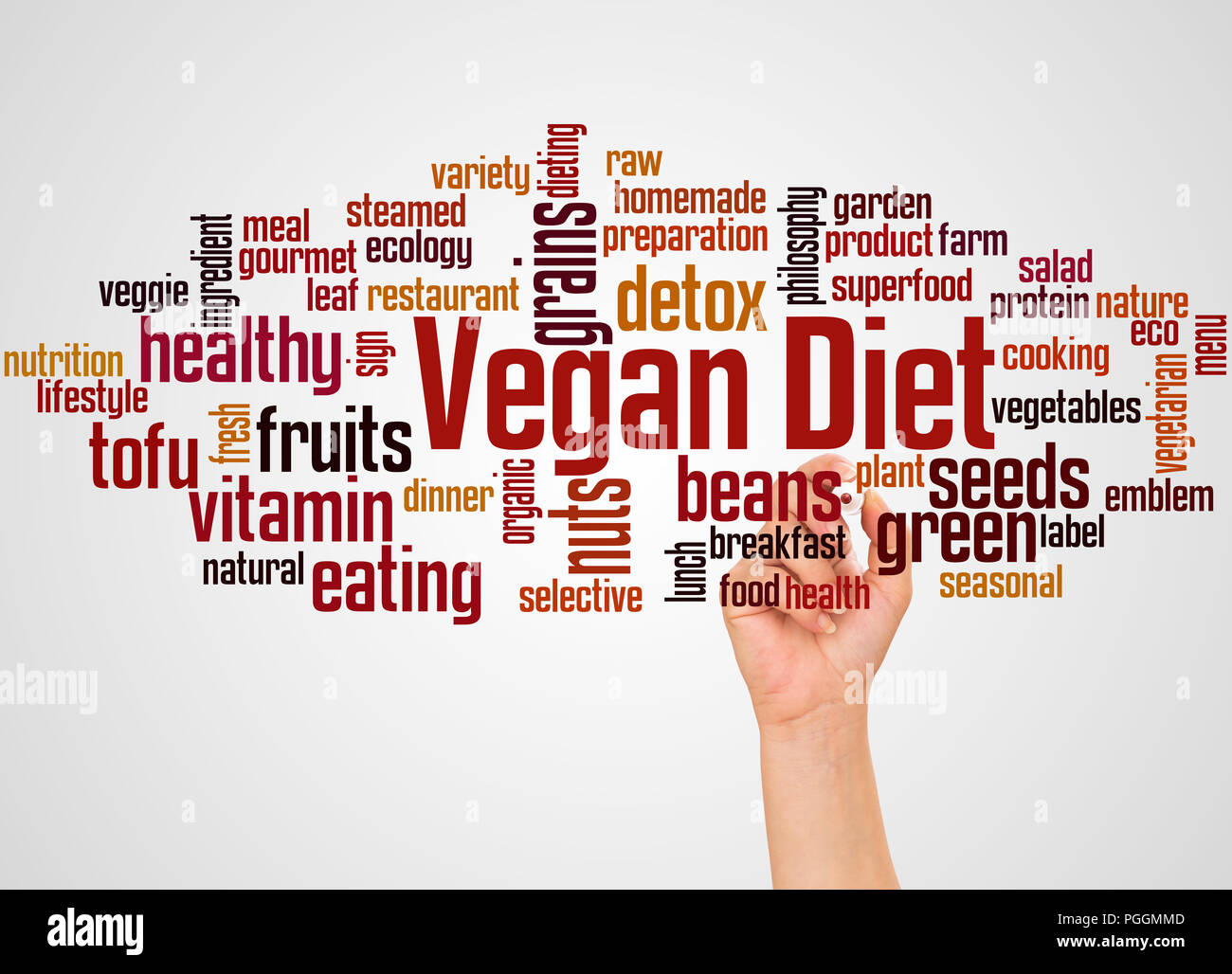 Vegan diet word cloud and hand with marker concept on gradient ...