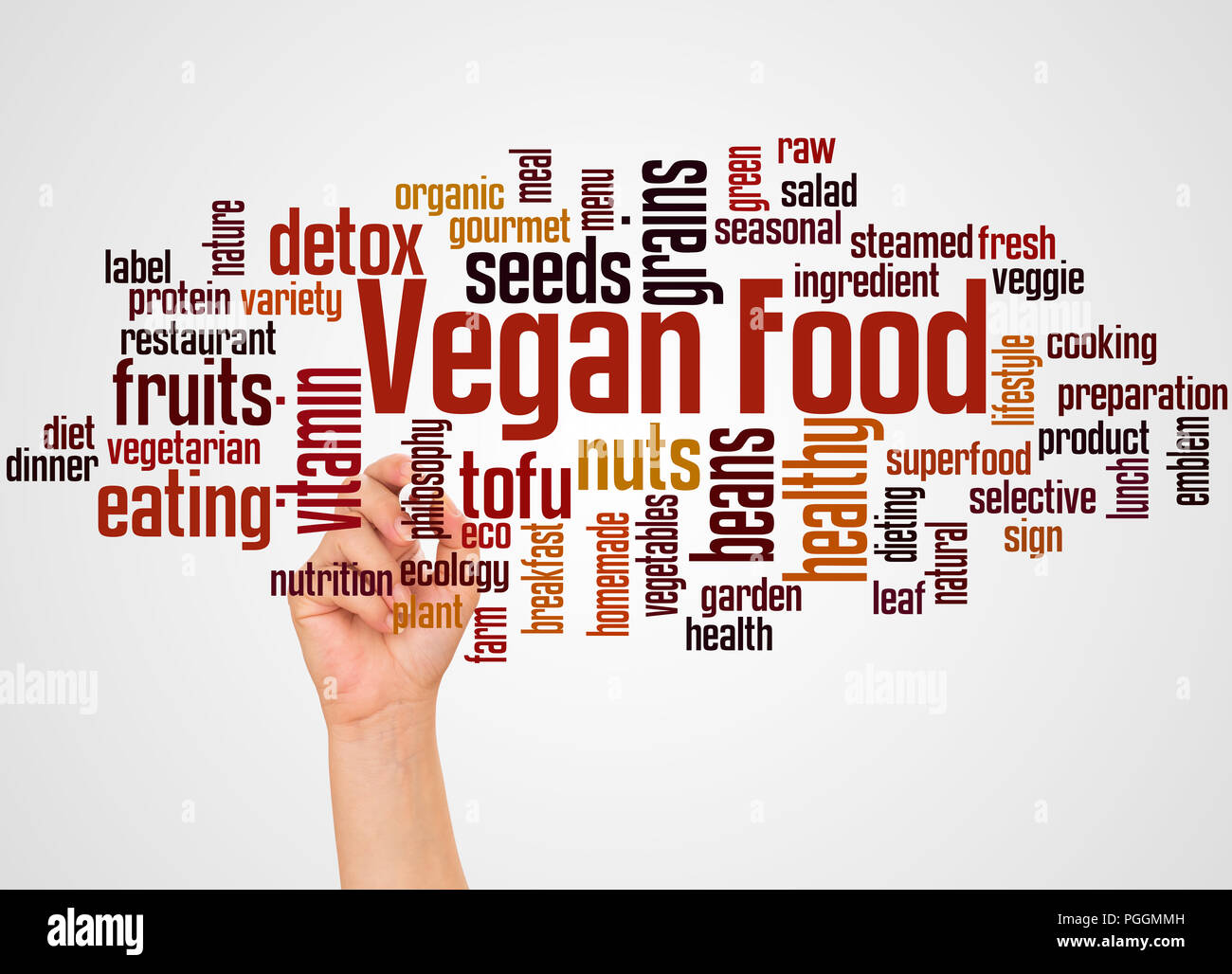 Vegan food word cloud and hand with marker concept on gradient ...