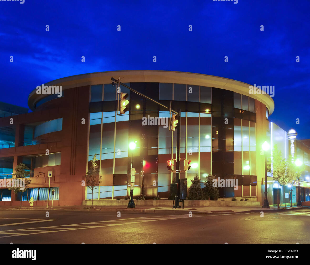 Syracuse, New York, USA. August 26, 2018. Night scene of downtown ...