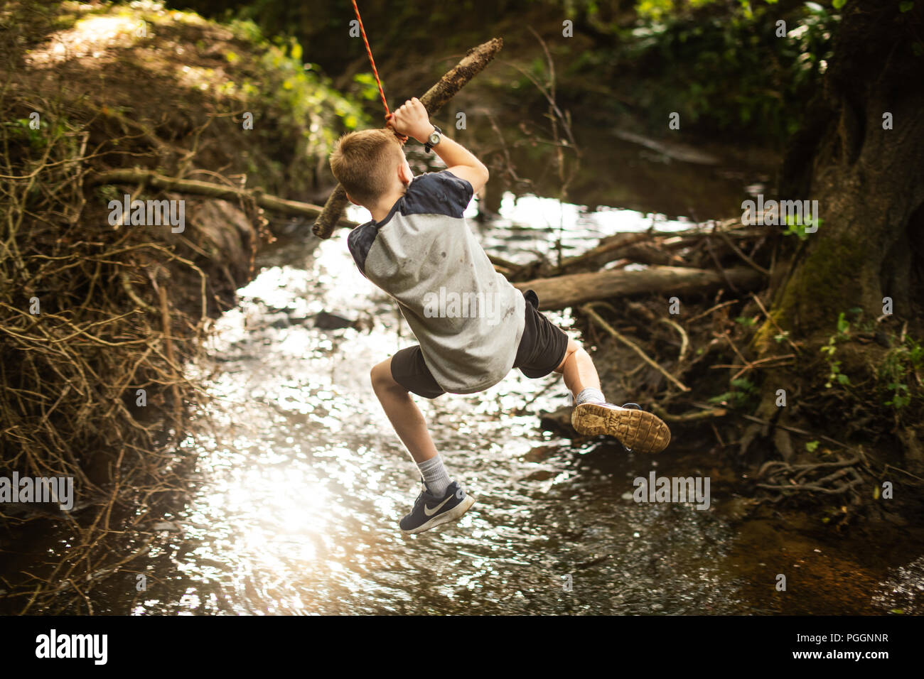 Boy swinging on rope swing Stock Photo - Alamy