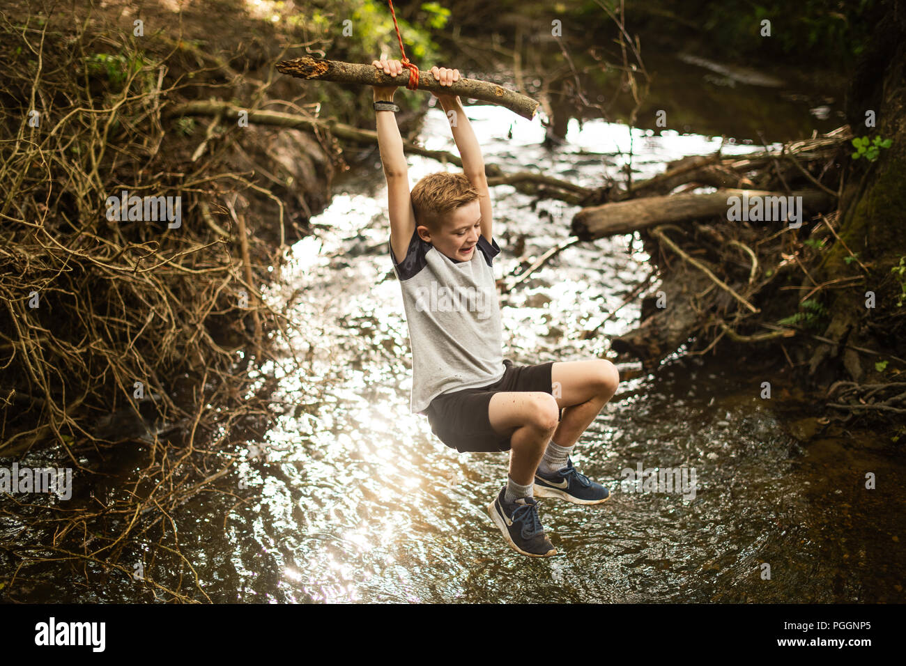 Boy swinging on rope swing Stock Photo - Alamy