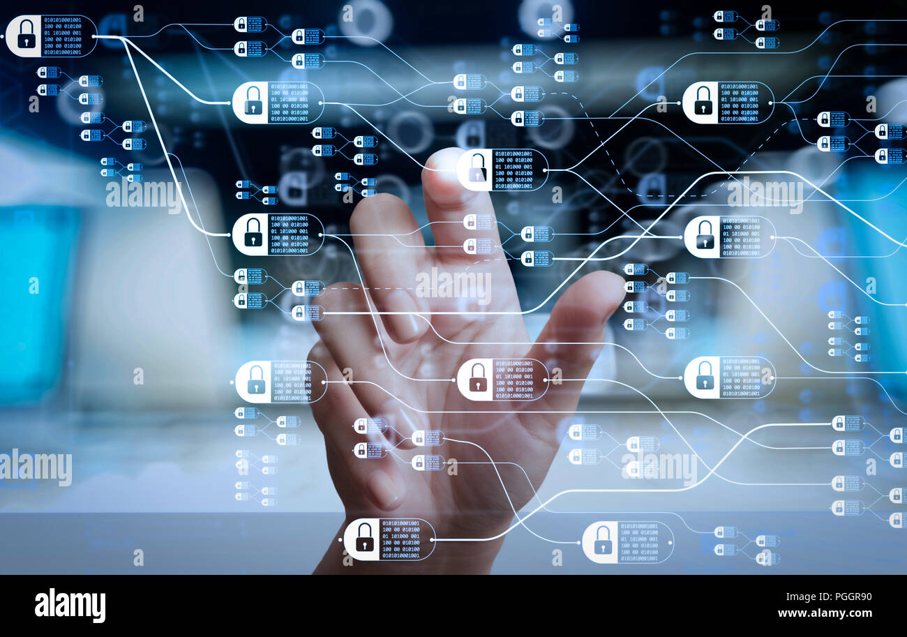 Blockchain technology concept with diagram of chain and encrypted ...