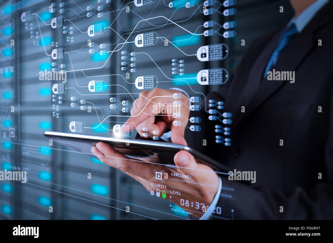 Blockchain technology concept with diagram of chain and encrypted ...