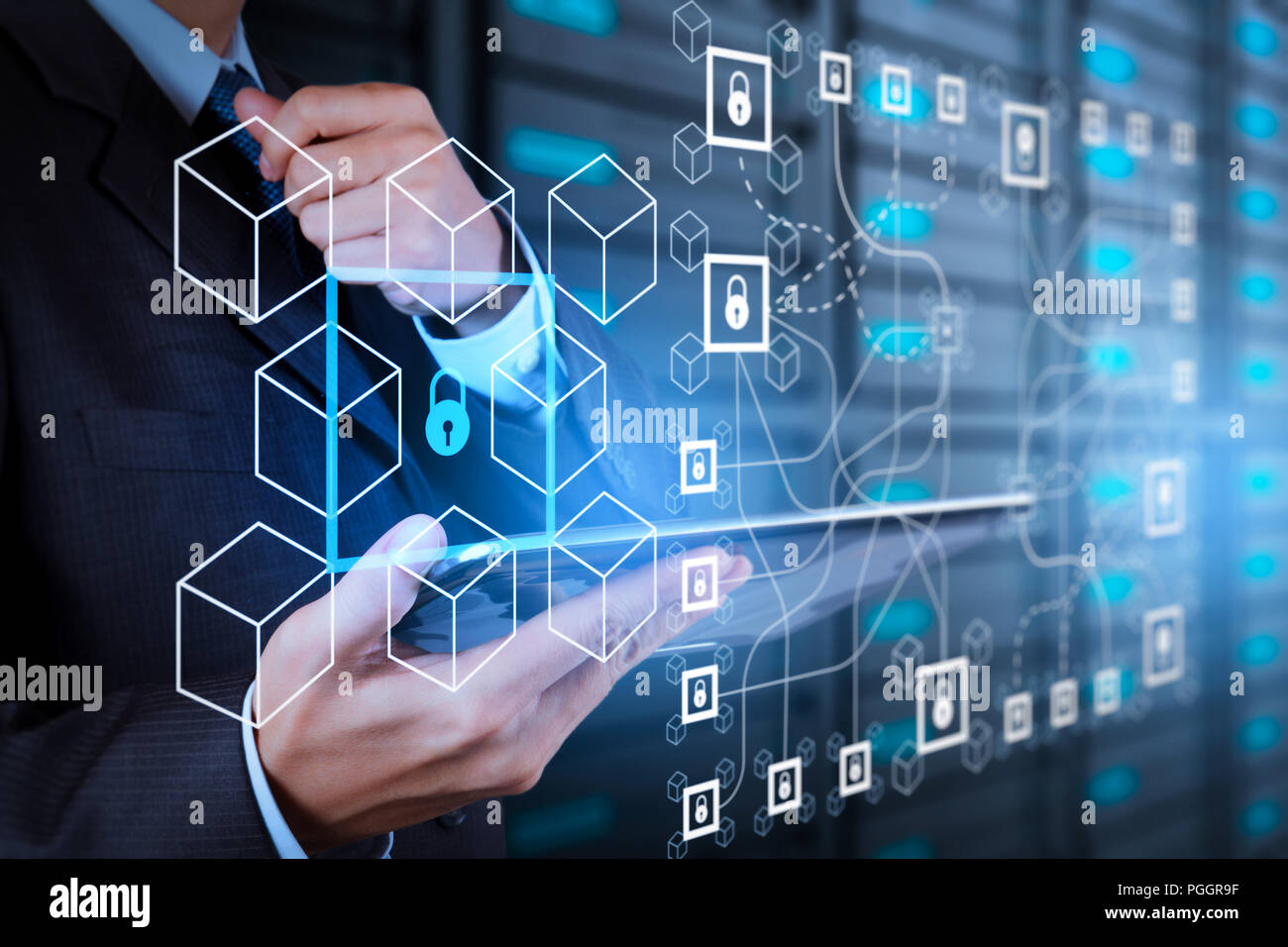 Blockchain technology concept with diagram of chain and encrypted ...