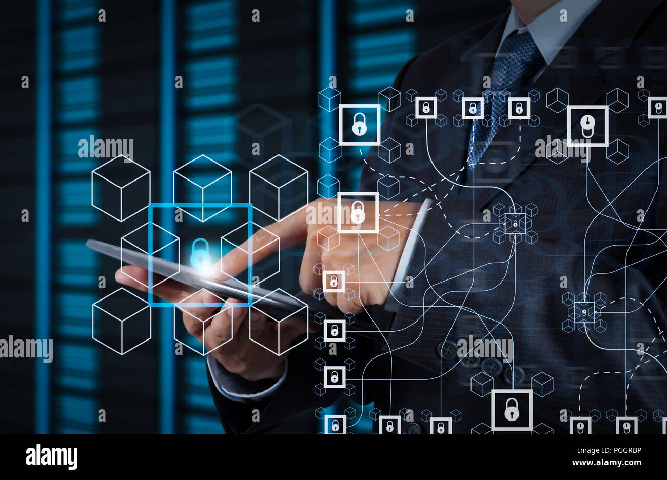 Blockchain technology concept with diagram of chain and encrypted ...