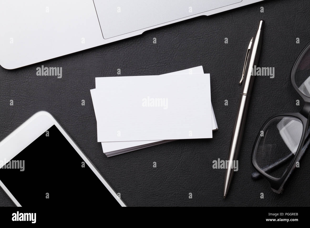 Blank business cards on workplace table. Top view with space for your ...
