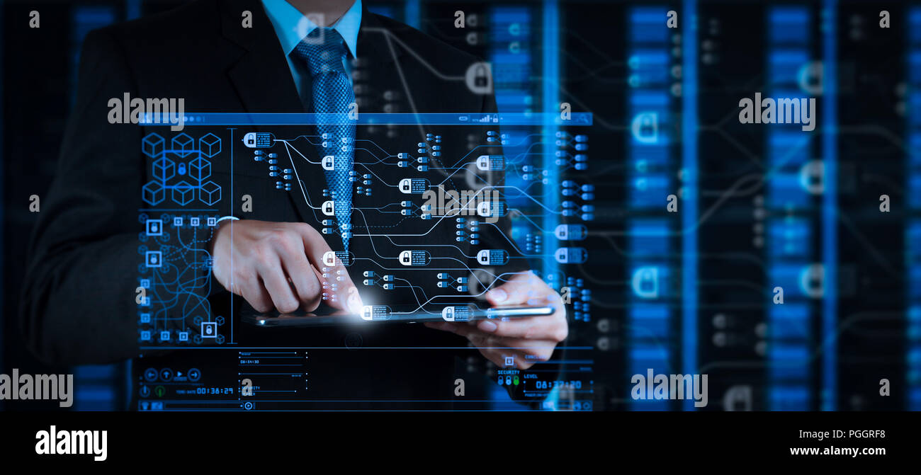 Blockchain technology concept with diagram of chain and encrypted ...