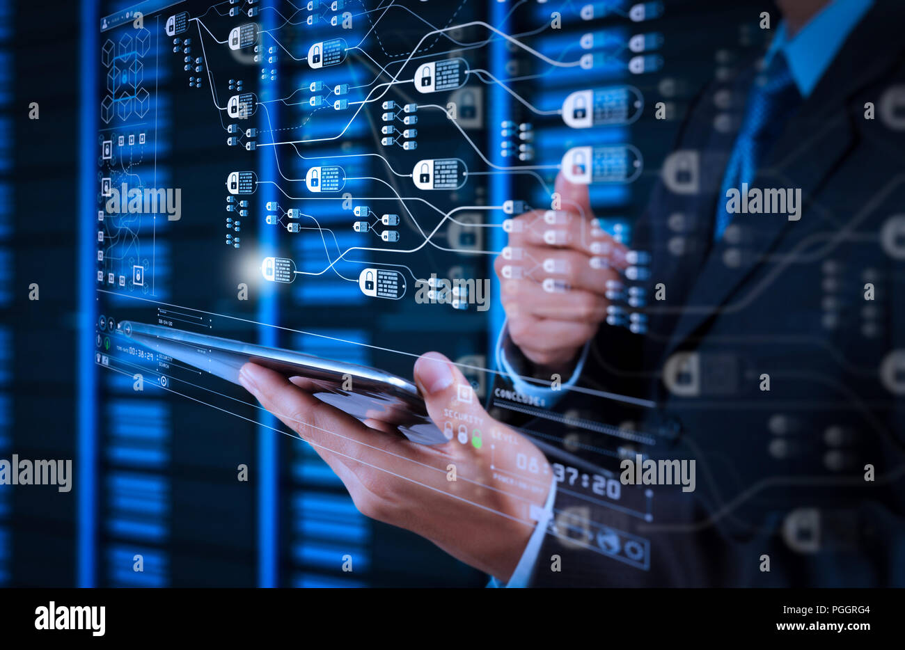 Blockchain technology concept with diagram of chain and encrypted ...