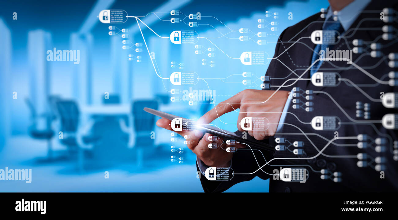 Blockchain technology concept with diagram of chain and encrypted ...