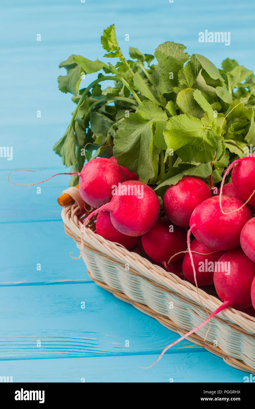 Red ripe radishes in basket. Close up. Blue wood background Stock Photo ...