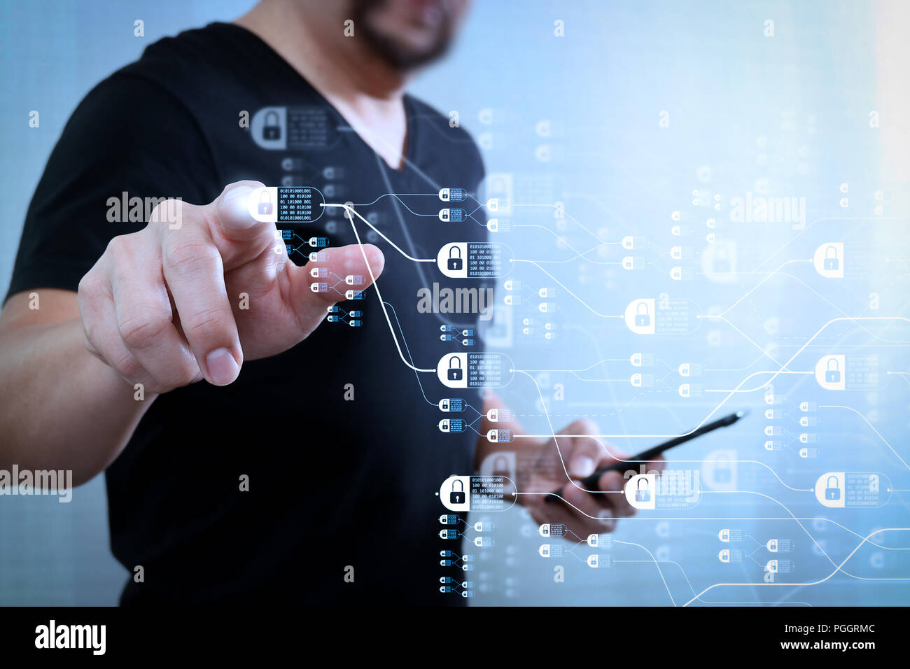 Blockchain technology concept with diagram of chain and encrypted ...