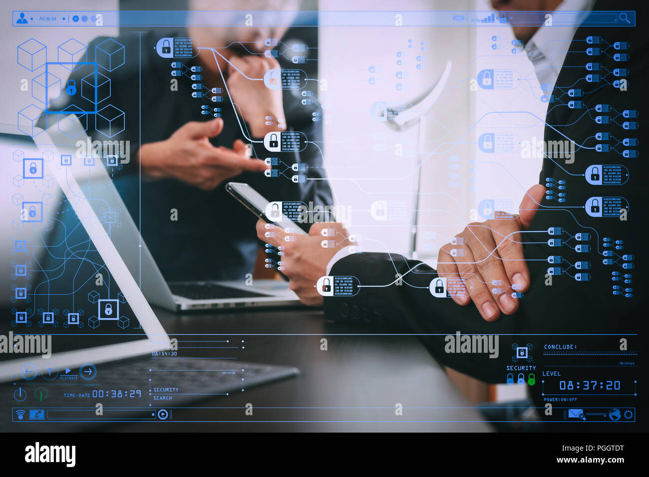 Blockchain technology concept with diagram of chain and encrypted ...