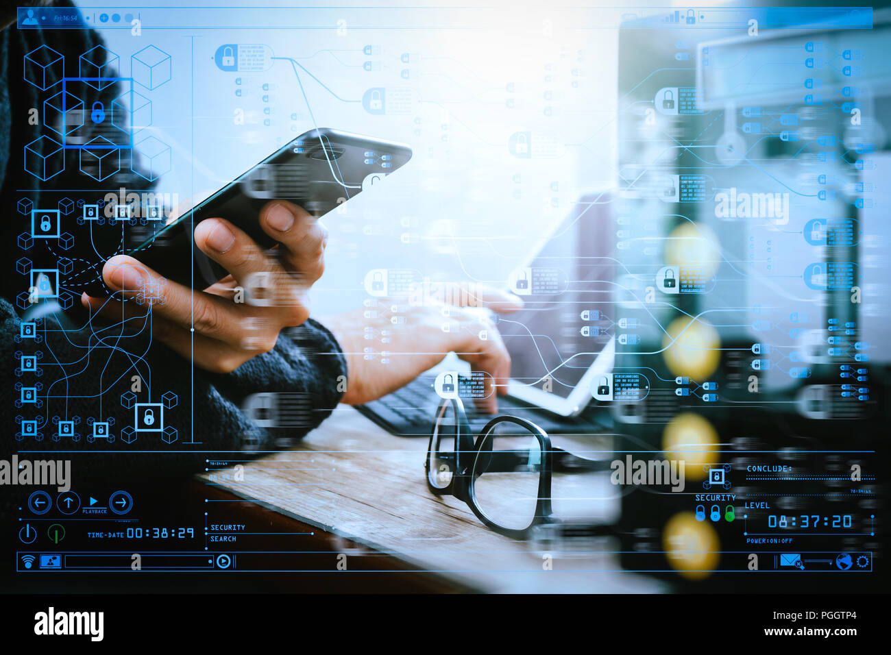 Blockchain technology concept with diagram of chain and encrypted ...