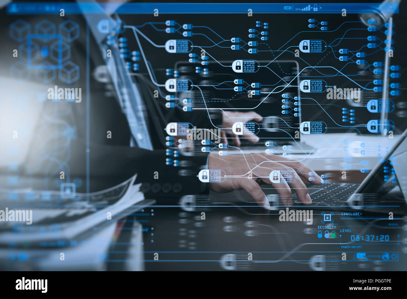 Blockchain technology concept with diagram of chain and encrypted ...