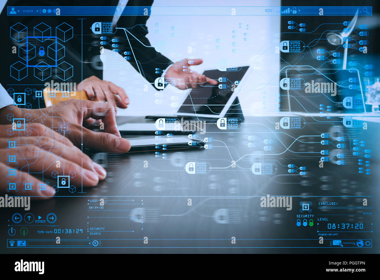 Blockchain technology concept with diagram of chain and encrypted ...