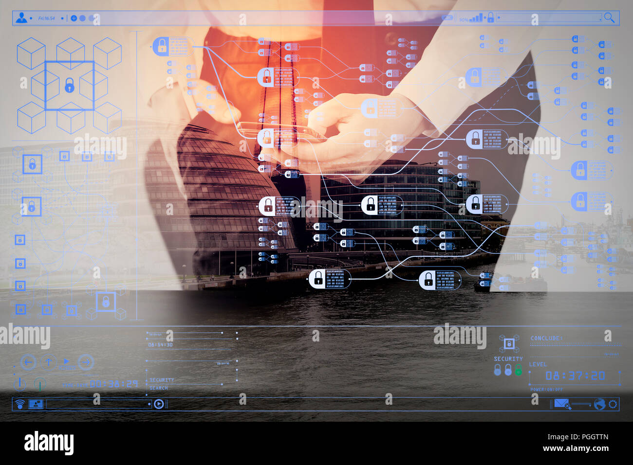 Blockchain technology concept with diagram of chain and encrypted ...