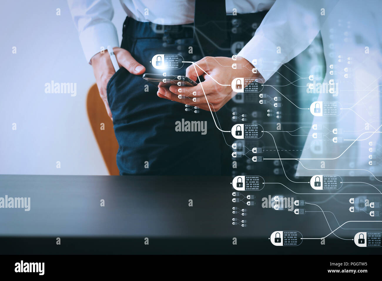 Blockchain technology concept with diagram of chain and encrypted ...