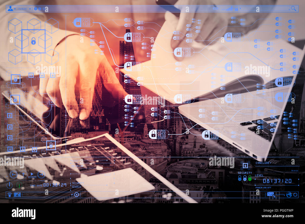 Blockchain technology concept with diagram of chain and encrypted ...