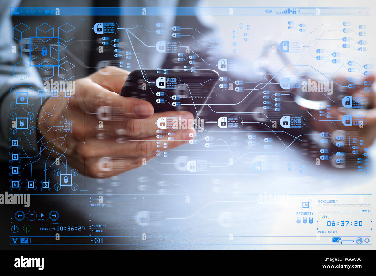 Blockchain technology concept with diagram of chain and encrypted ...