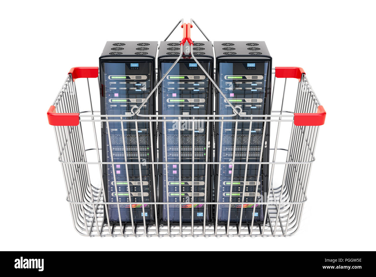Computer server racks inside metallic shopping basket, 3D rendering ...