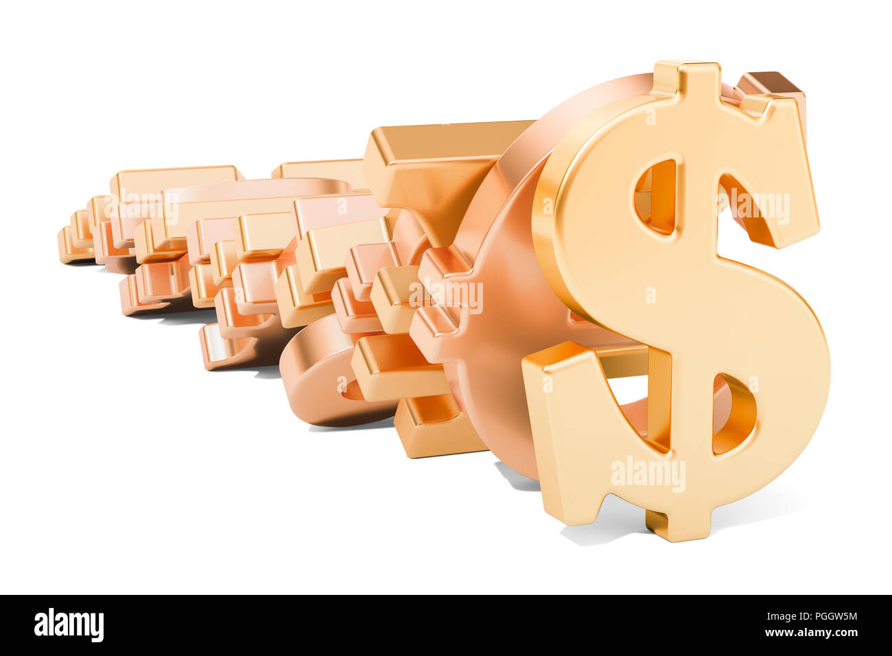 Domino effect from symbol currencies, 3D rendering isolated on white ...