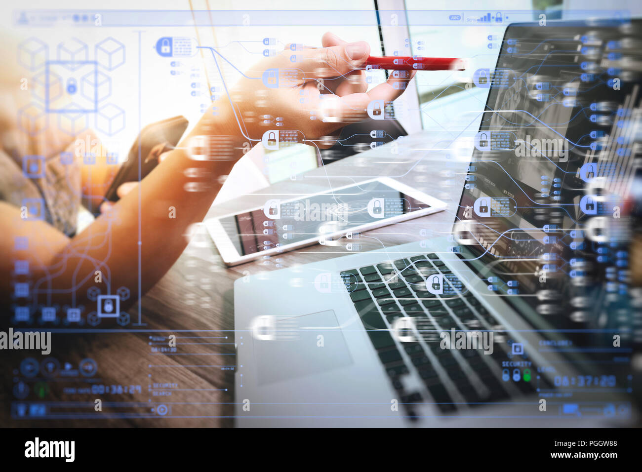 Blockchain technology concept with diagram of chain and encrypted ...