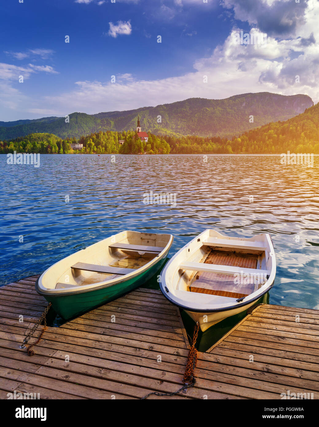 Iconic Bled scenery. Boats at lake Bled, Slovenia, Europe. Wooden boats ...