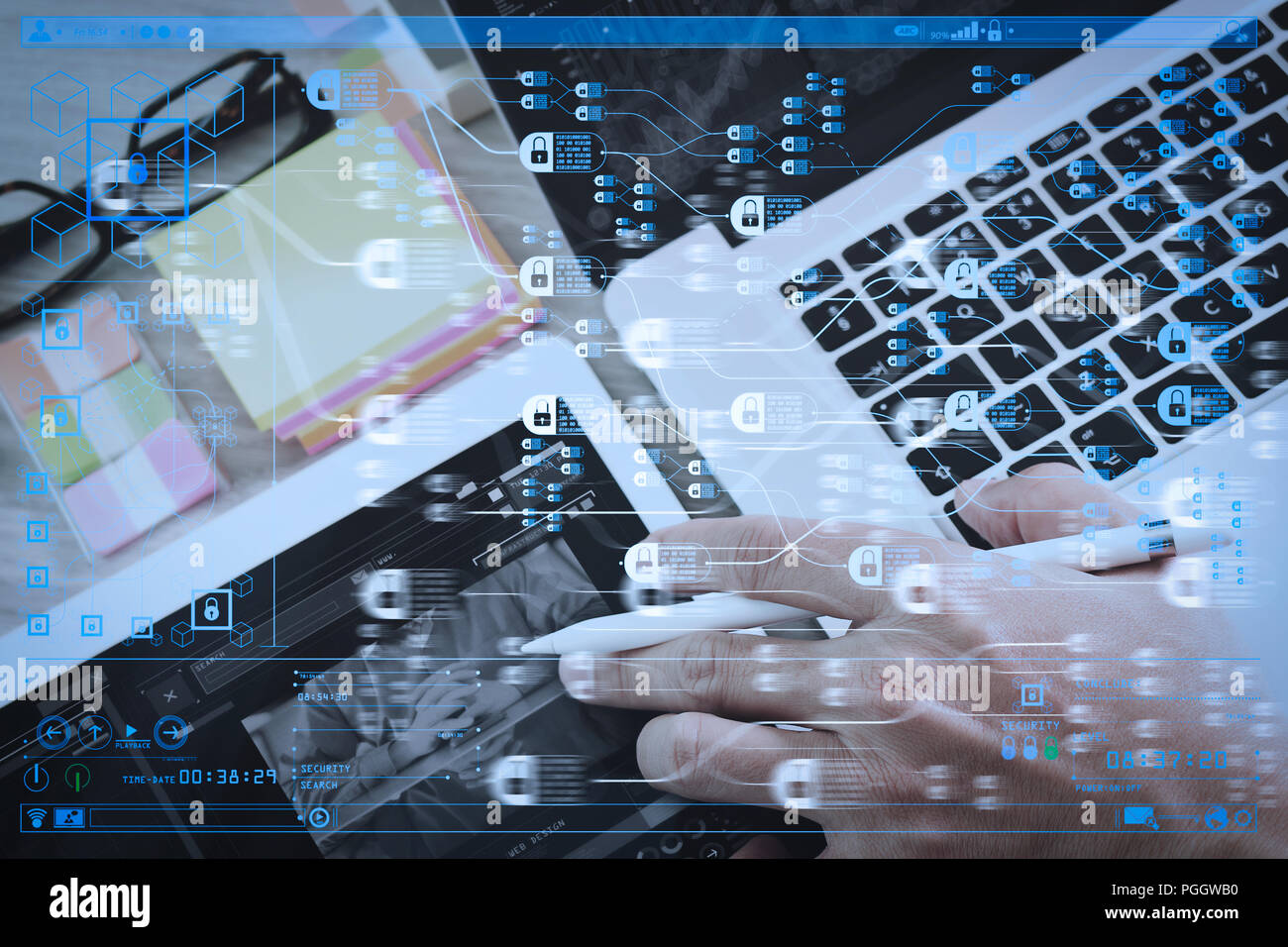 Blockchain technology concept with diagram of chain and encrypted ...