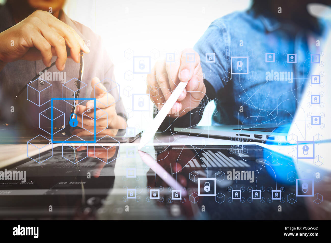 Blockchain technology concept with diagram of chain and encrypted ...