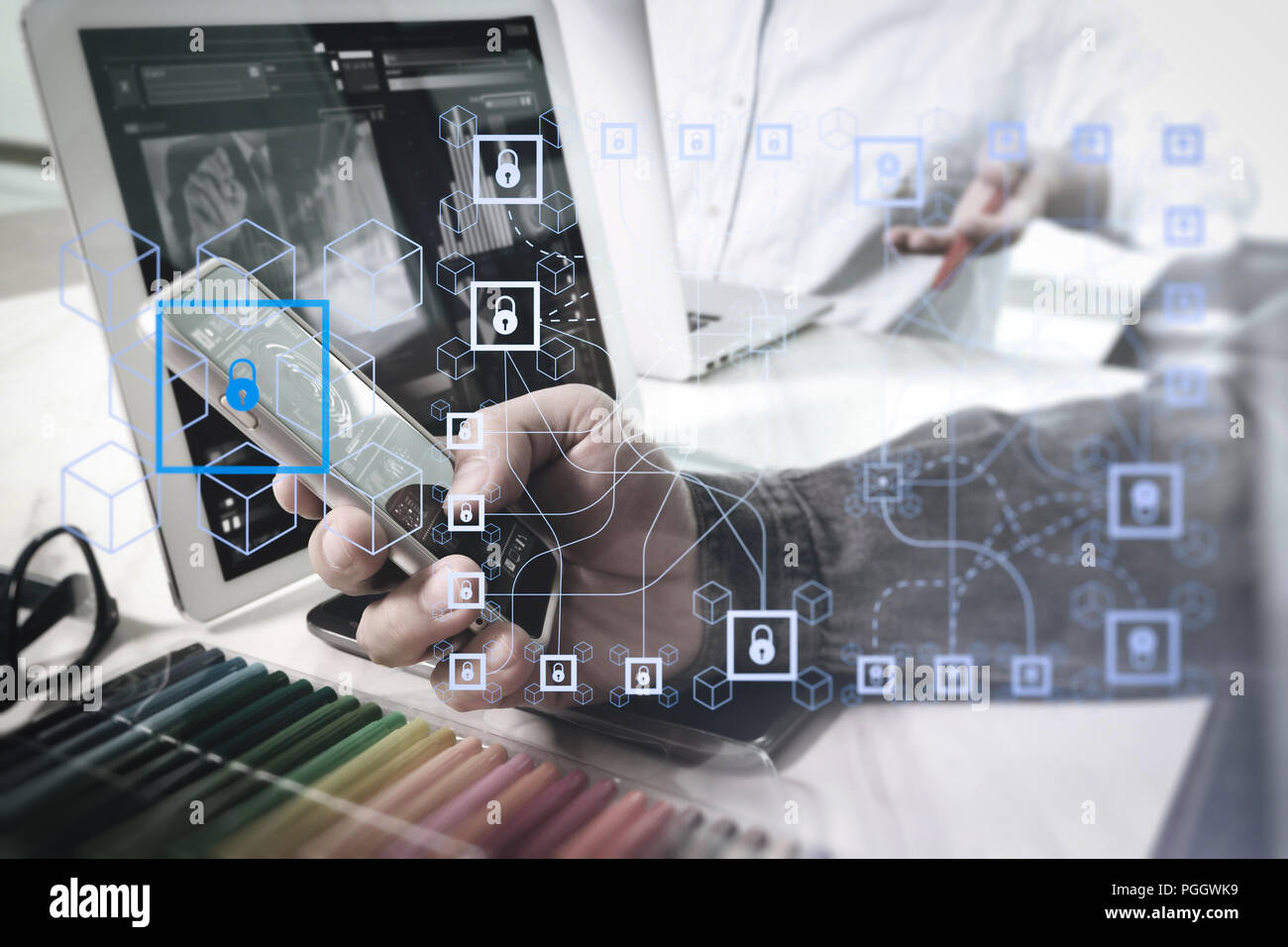 Blockchain technology concept with diagram of chain and encrypted ...