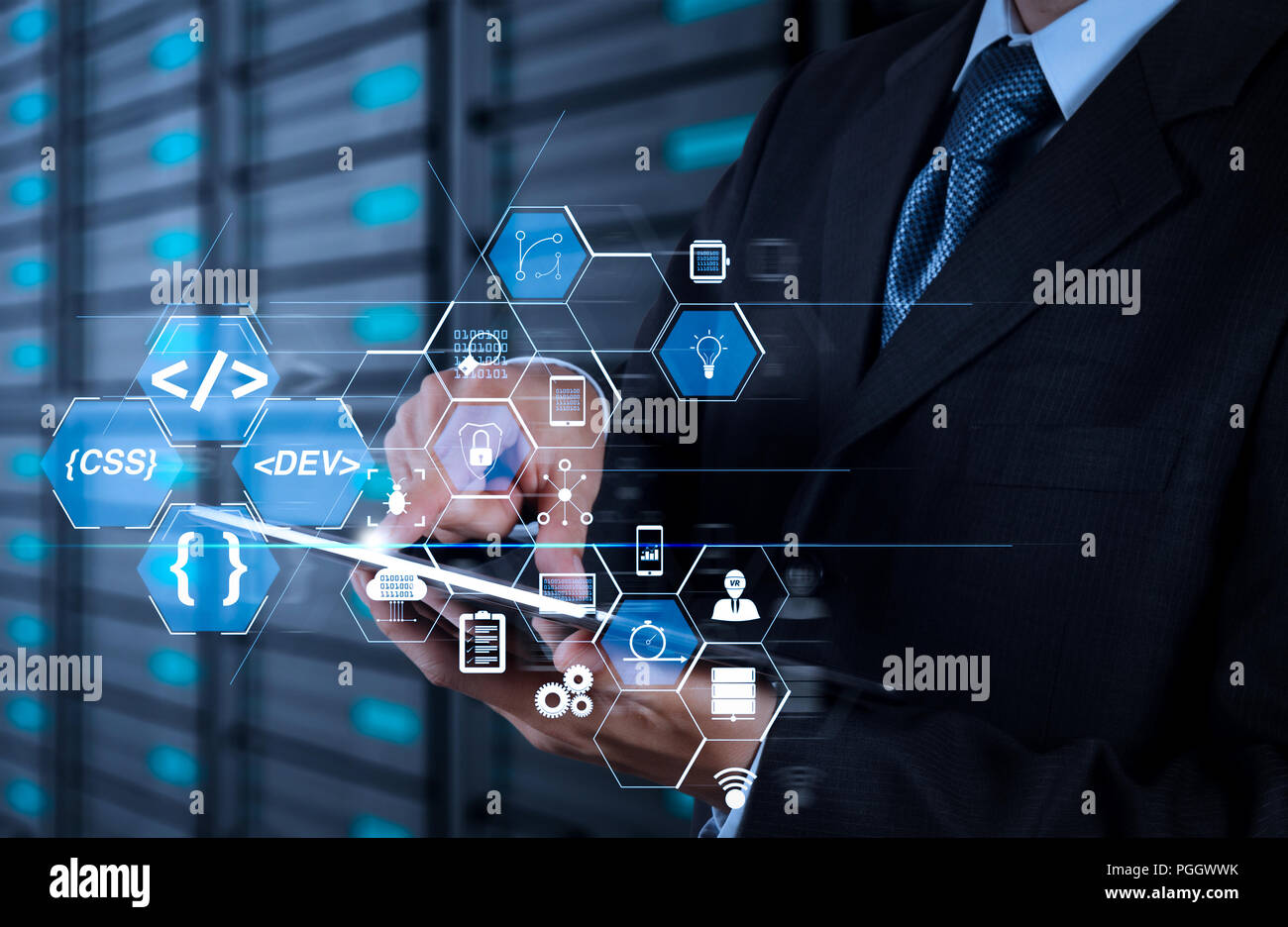Coding software developer work with augmented reality dashboard ...
