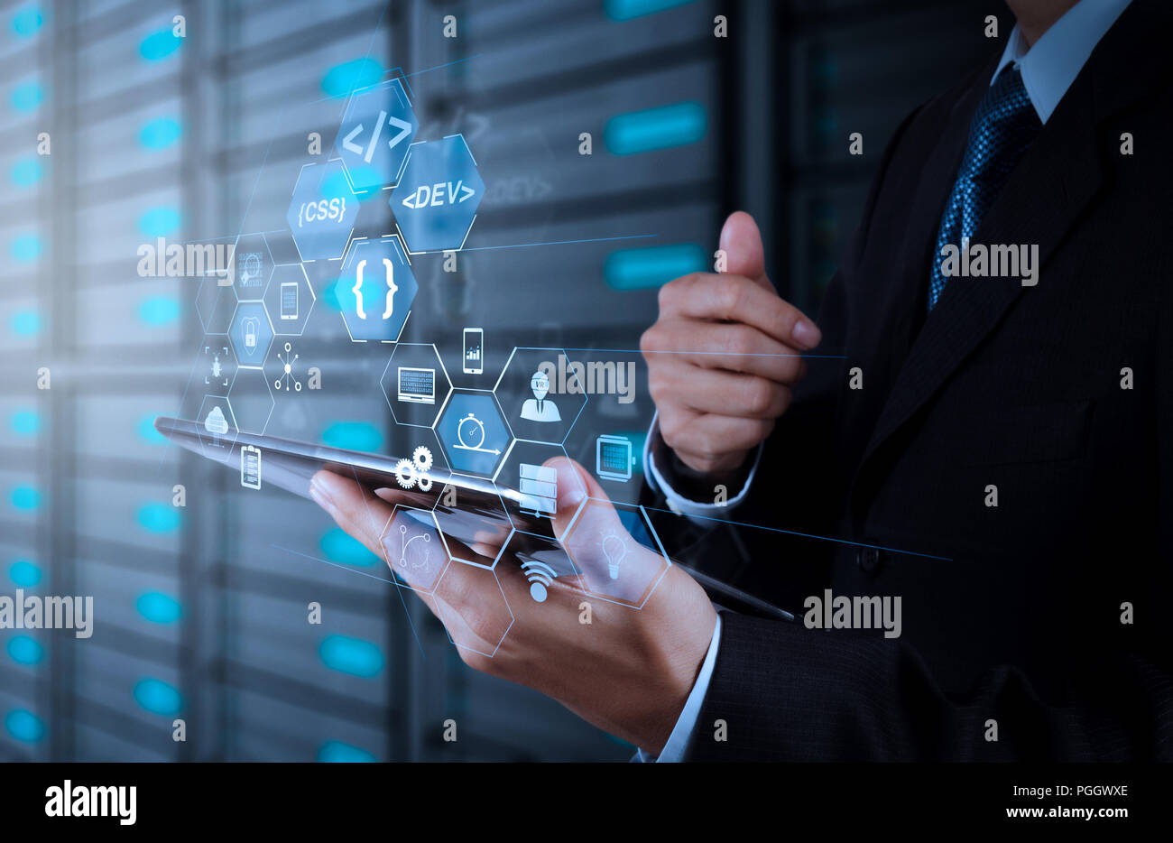 Coding software developer work with augmented reality dashboard ...
